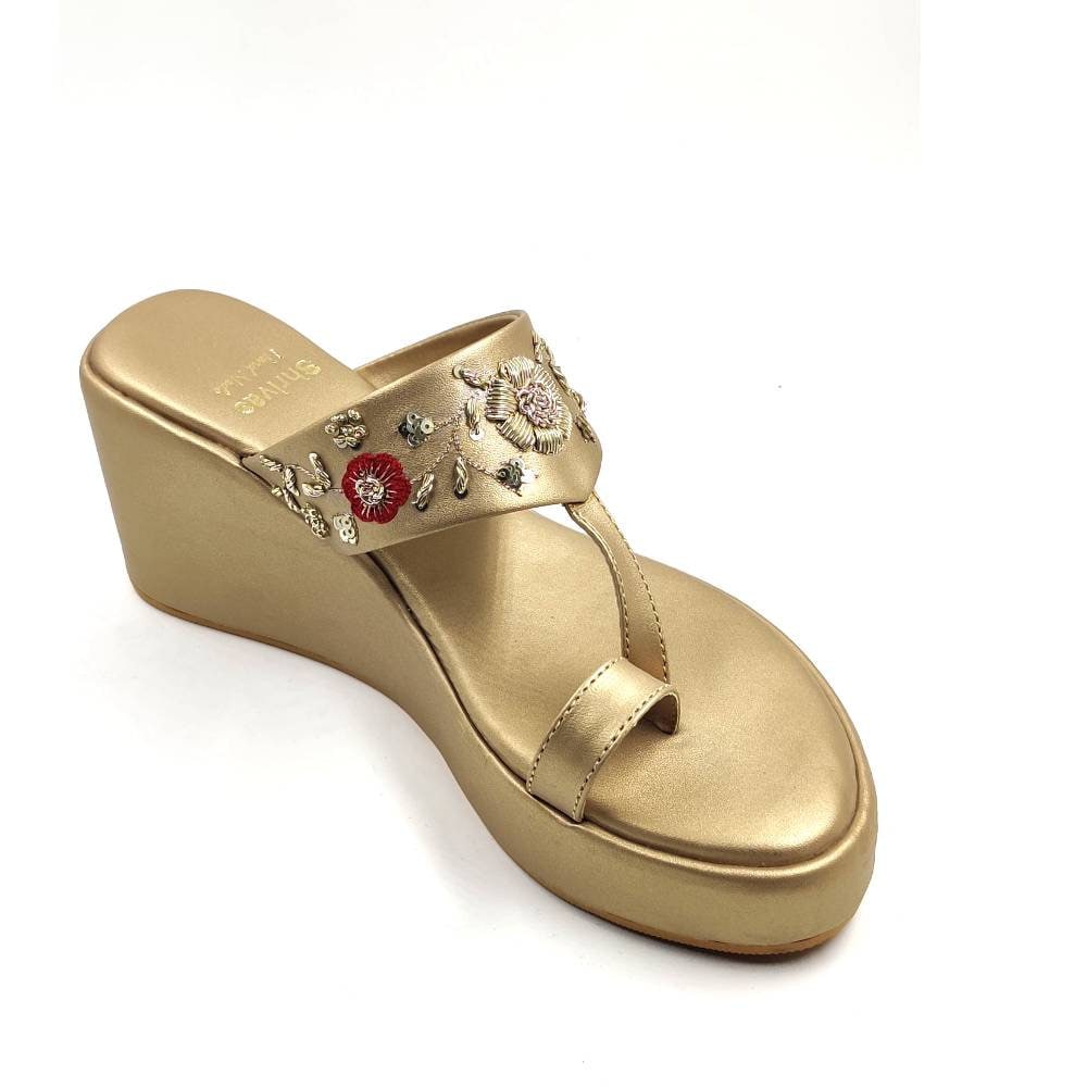 Gold Wedge Heel Gold Embroidered Wedge Vegan Leather Wedges Embroidered ...