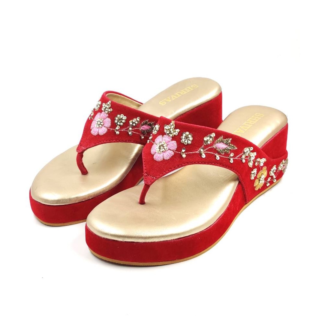 Red Suede Women Heel Wedges Hand Embroidered Indian Ethnic Footwear ...
