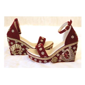 Maroon Suede/velvet/synthetic Leather High Heel Bridal Wedges With ...