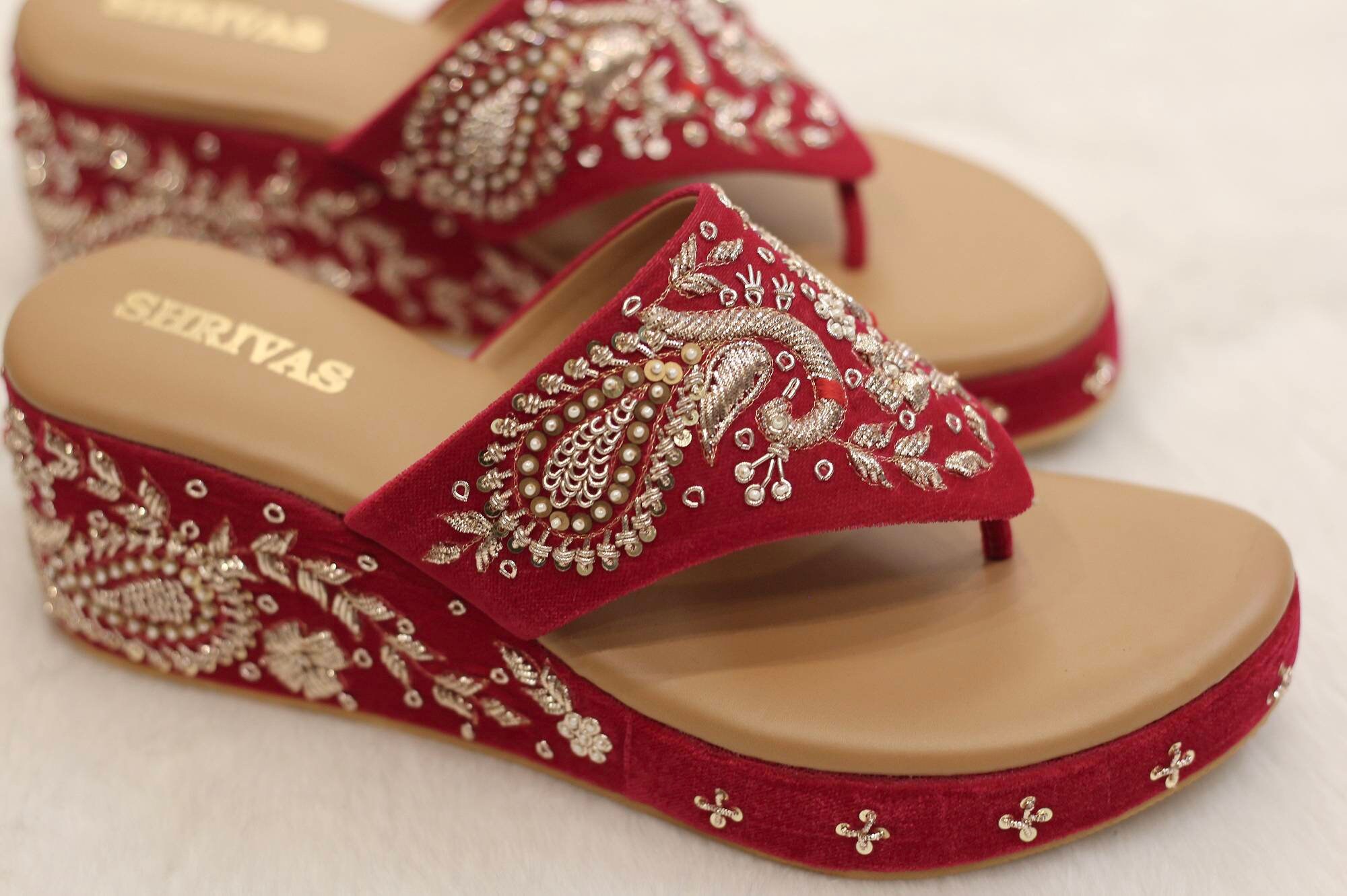 Embroidered Velvet Bridal Wedges, Ethnic Indian Wedding Shoes - Etsy
