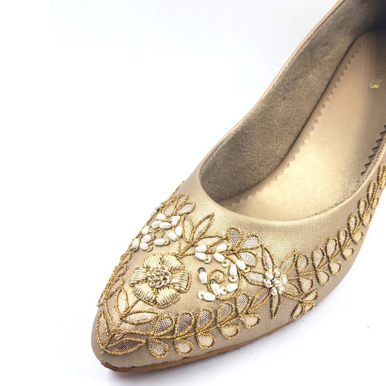 Women Gold Vegan Leather Mule Heel Hand Embroidery Indian Ethnic Heel ...