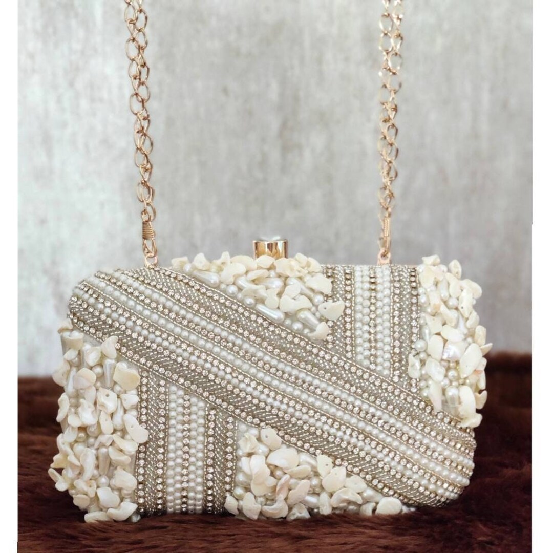Embroidered Zardozi Clutch, White Silk Party Purse, Bridal Wedding Bag ...