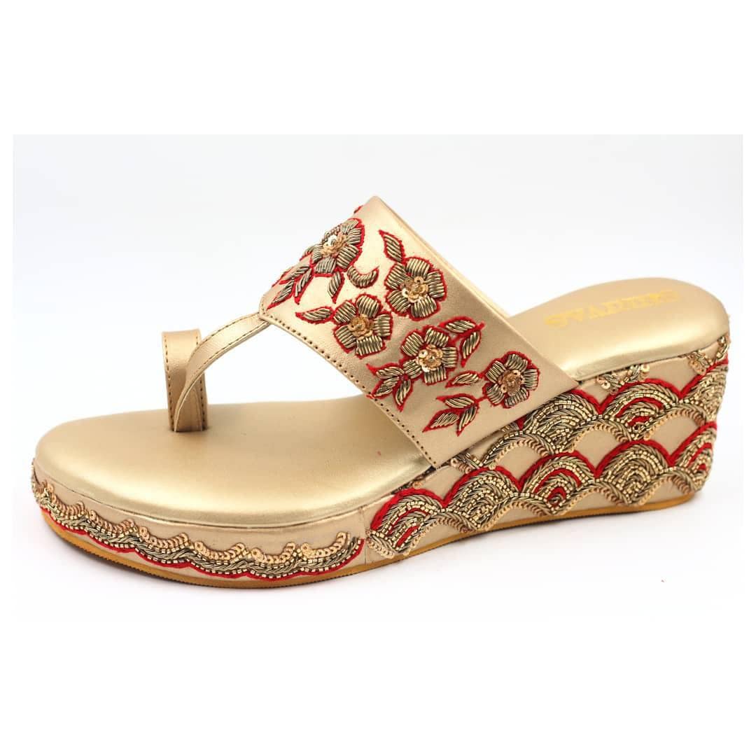 Ethnic Indian Bridal Women Synthetic Leather Gold Wedges With ...