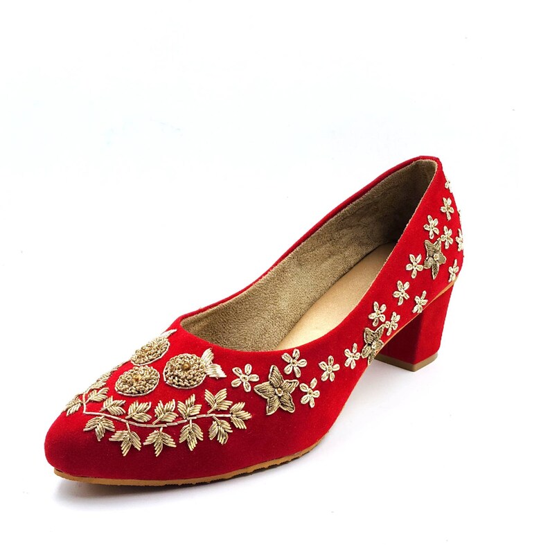 Red Velvet Embroidered Heels | Chunky Heel Indian Bridal Pumps - Etsy