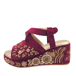 Burgundy Velvet Bridal Wedges, Zardozi Embroidery Indian Wedding Shoes ...