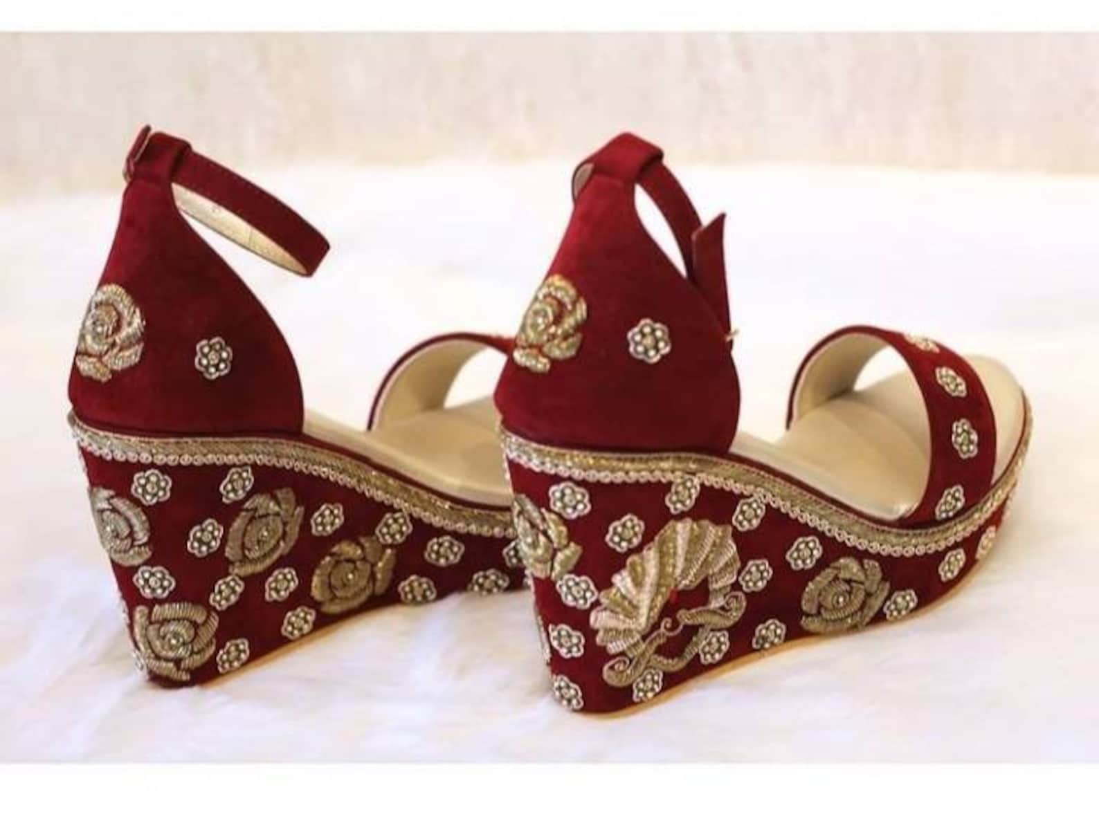 Maroon Suede/velvet/synthetic Leather High Heel Bridal Wedges With ...