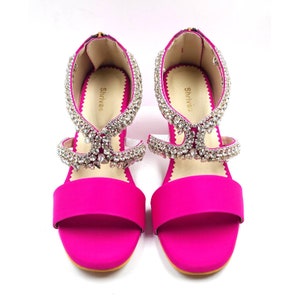 Women Hot Pink Block Heels With Rhinestones | Bridal Heels | Pink ...