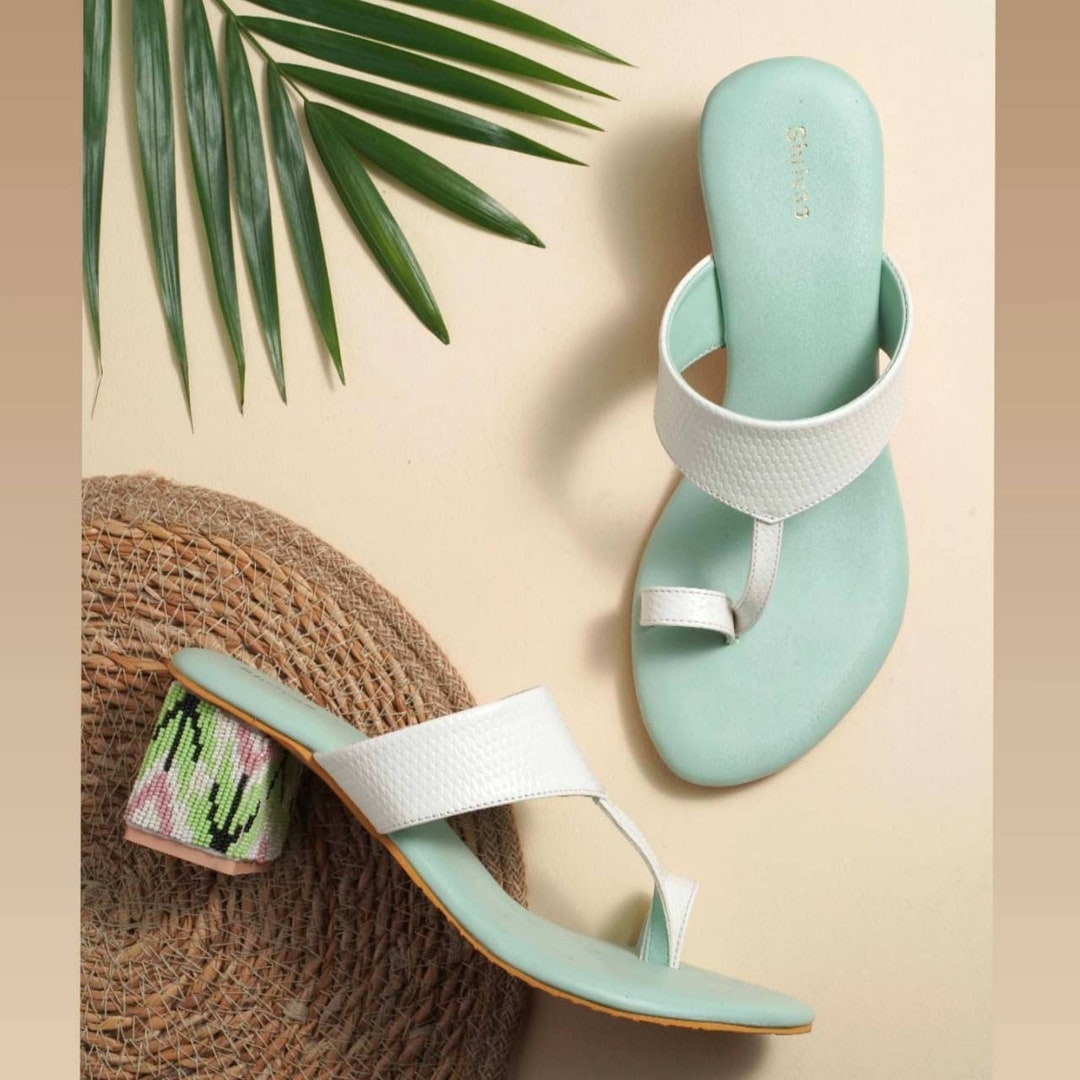 White Leather Women Hand Embroidery Designer Block Heels Indian ...