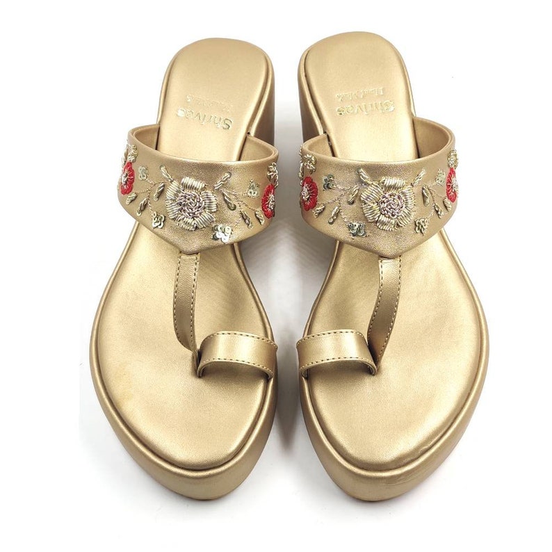 Gold Wedge Heel Gold Embroidered Wedge Vegan Leather Wedges Embroidered ...