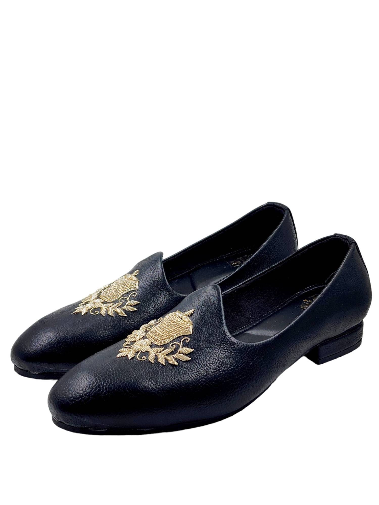 Men Black Vegan Leather Mojdi Loafers , Hand Embroidered Groom Shoes ...