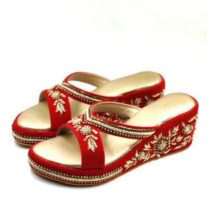 Ethnic Indian Women Red Suede Vegan Leather Shoe With Embroidery ...