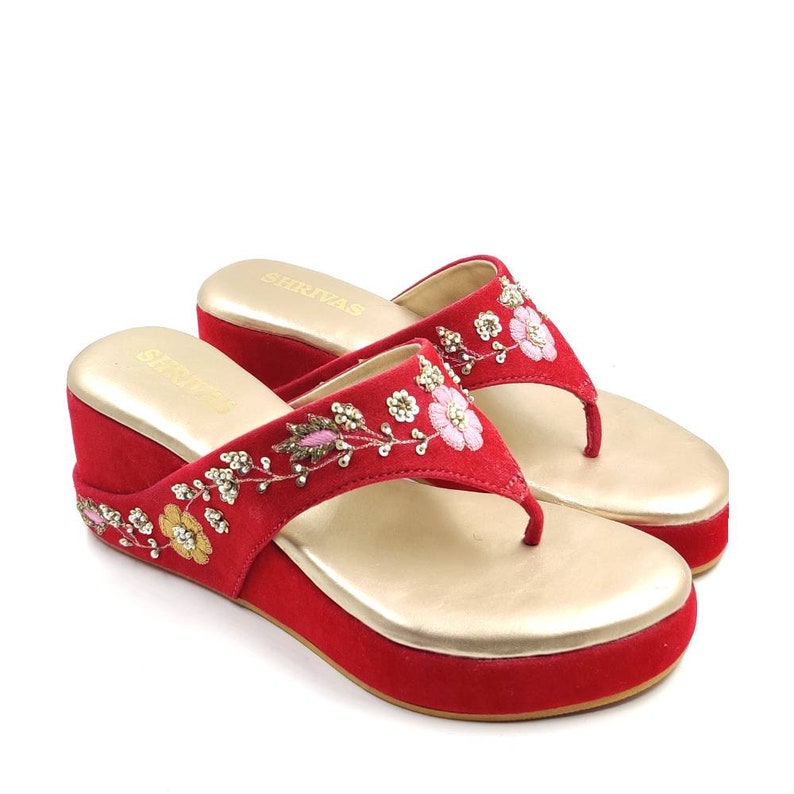 Red Suede Heel Wedges, Hand-embroidered Indian Bridal Shoes - Etsy