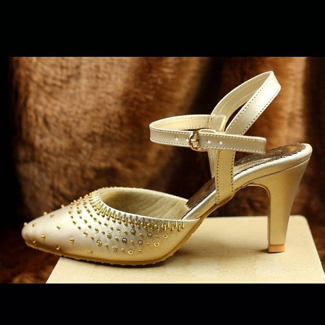 Golden Women Hand Embroidery Designer Stilettoes Heels Indian Handmade ...