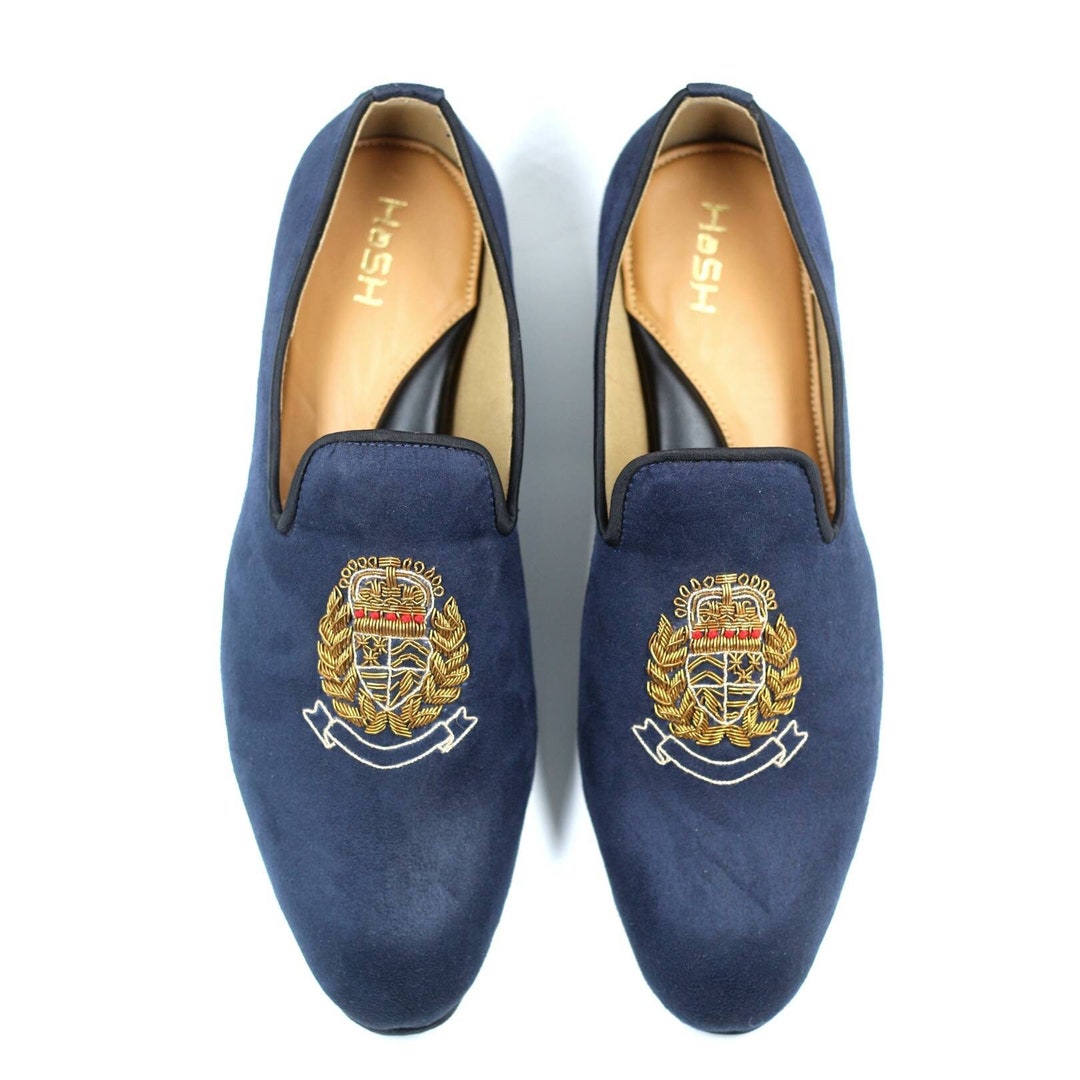 Navy Blue Handcrafted Designer Suede Men Shoes With Hand Embroidery ...