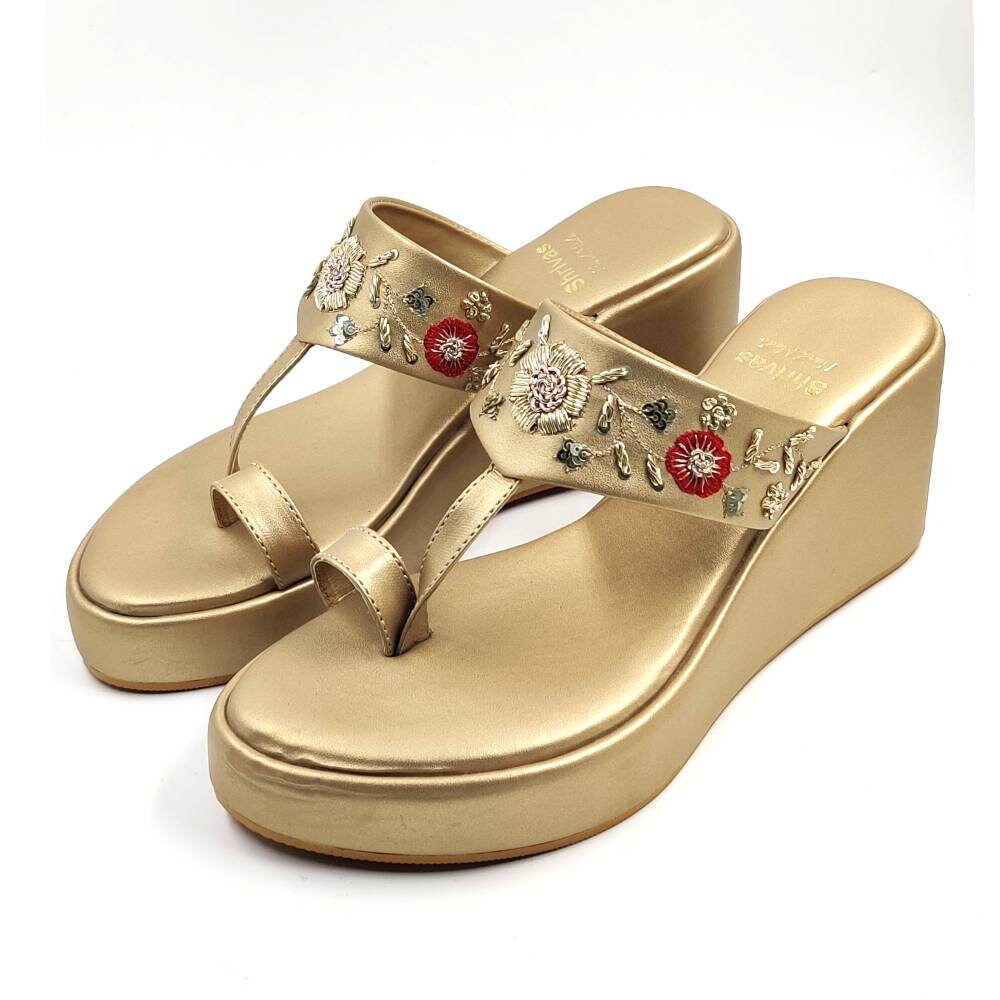 Gold Wedge Heel Gold Embroidered Wedge Vegan Leather Wedges Embroidered ...
