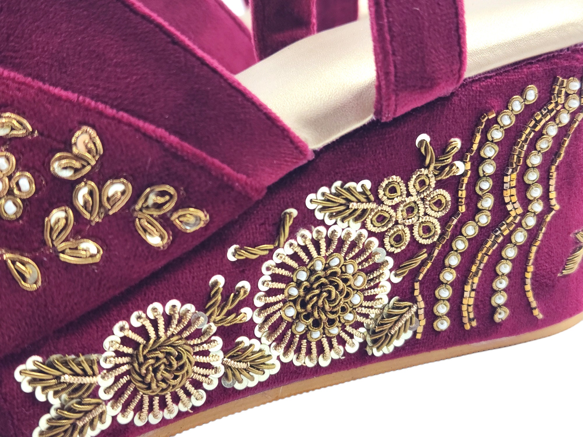 Maroon Burgundy Velvet/synthetic Leather High Heel Bridal Wedges With ...