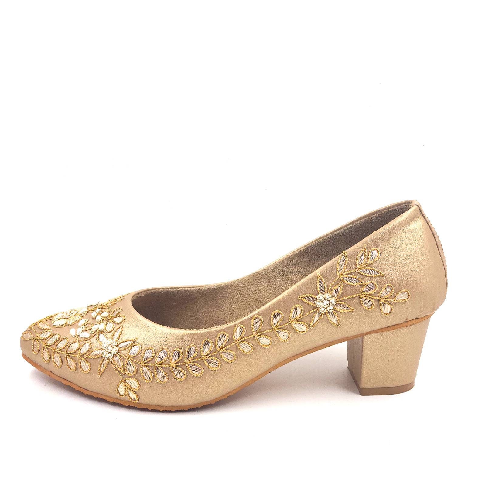 Women Gold Vegan Leather Mule Heel Hand Embroidery Indian Ethnic Heel ...