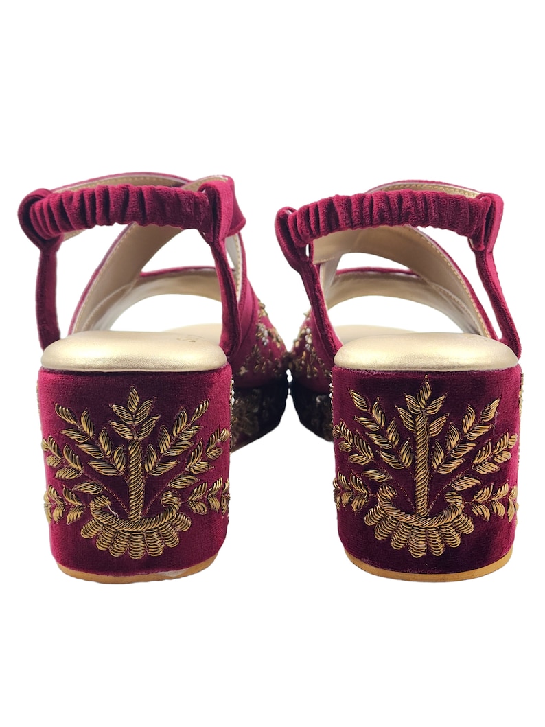 Burgundy Velvet Bridal Wedges, Zardozi Embroidery Indian Wedding Shoes ...