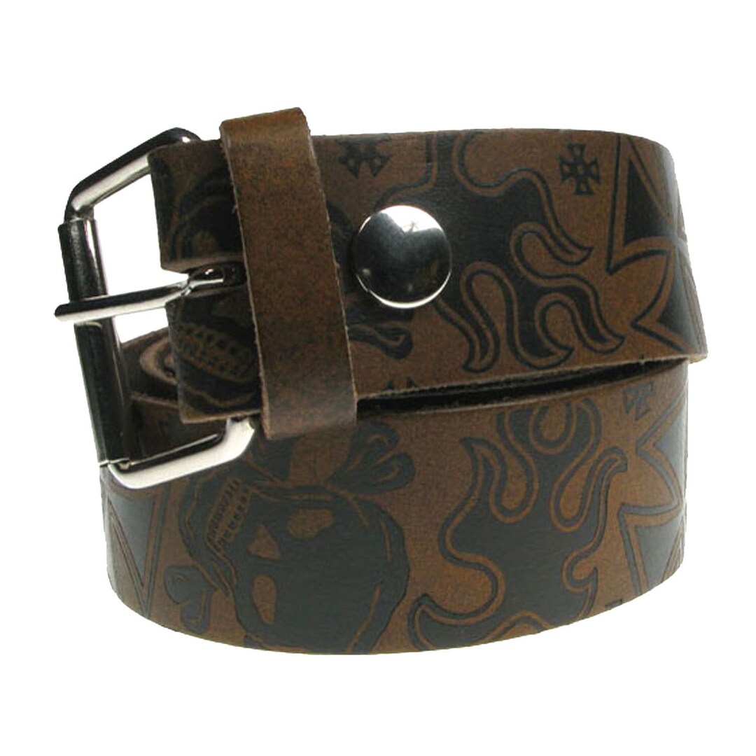 Skull & Crossbones With Crosses, Real Leather Brown Belt 1.5 Inch/38mm ...