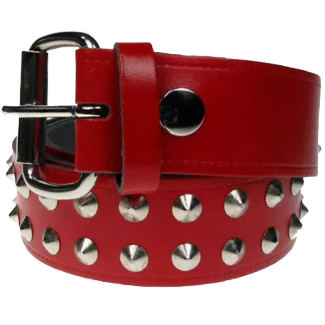 Punk Red Studded Belt, 2 Row Conical, Real Leather Black Belt 1.5 Inch ...