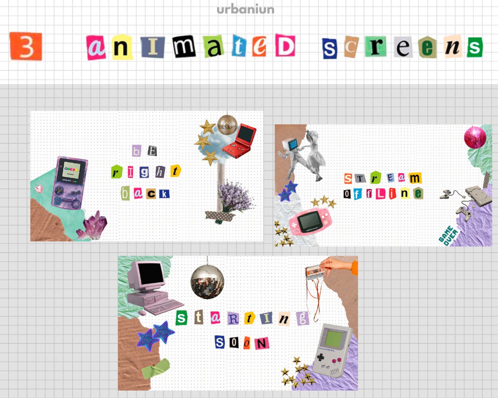 Twitch Screens Animated Overlays, Colorful, Retro, Collage, Kawaii ...