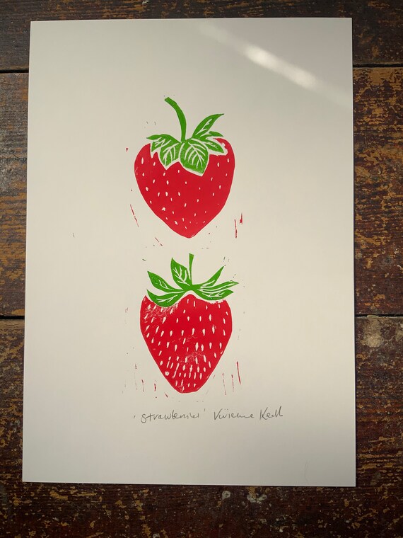 Linocut print strawberry - Woodblock - A4 - Fruit - Wall Art ...
