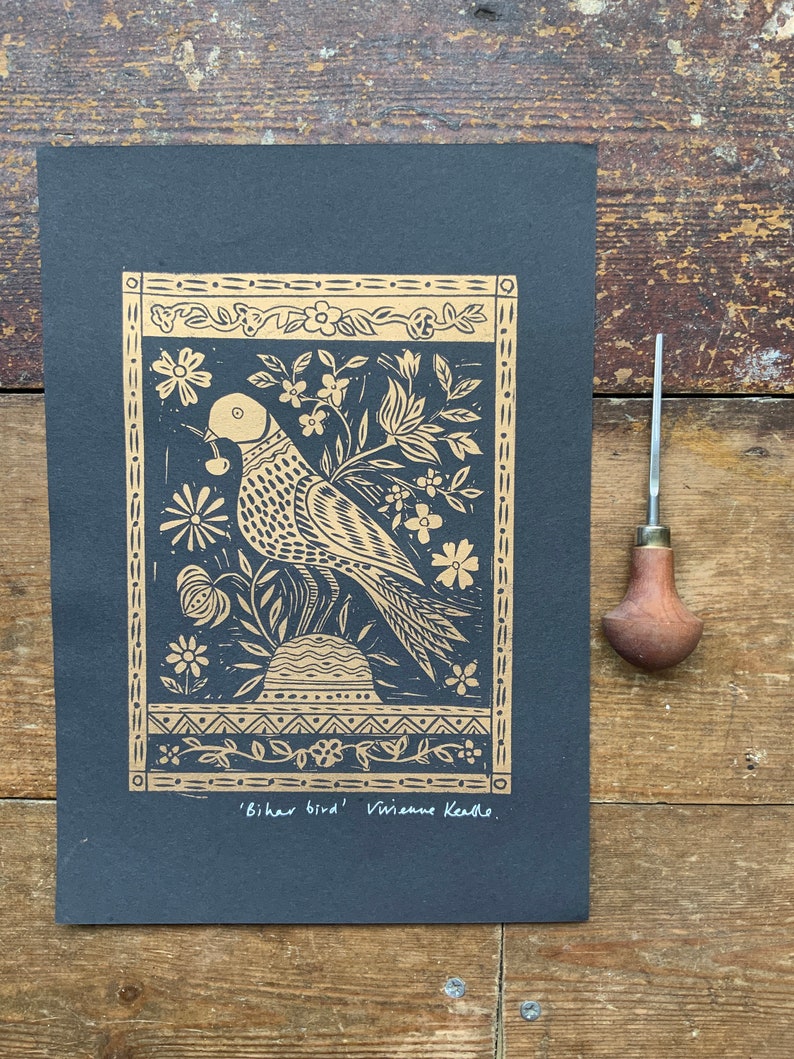 Linocut Print Indian Folk Bird - Handprinted - A4 - Art Print - Wall ...