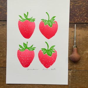 Linocut Print Strawberry - Woodblock - A4 - Fruit - Wall Art ...