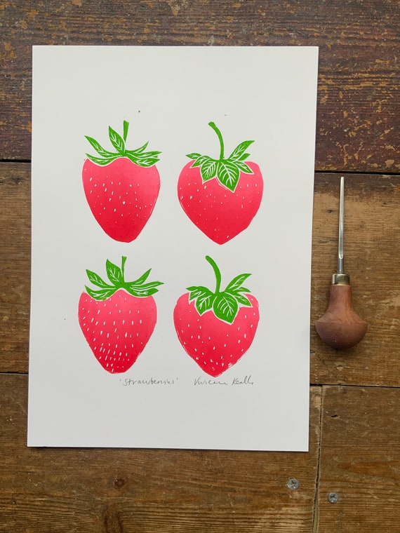 Linocut print strawberry - Woodblock - A4 - Fruit - Wall Art ...