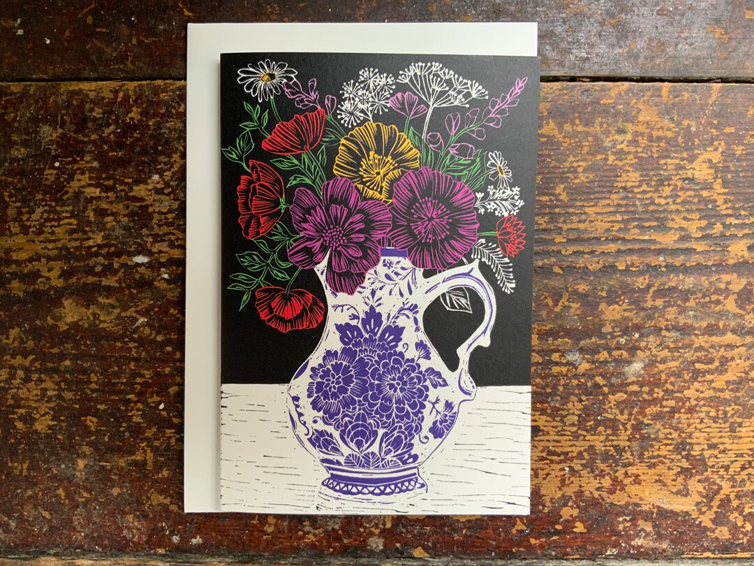 Linocut Print - Flowers - Greeting Card - Vase - Birthday Card - Nature ...