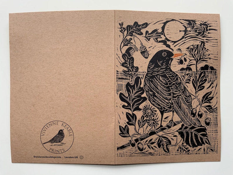 Linocut Print Blackbird Greeting Card Bird Birthday Etsy