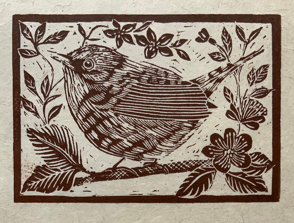 Linocut Print Wren | Handmade | Original | Hand Printed | Wall Art ...