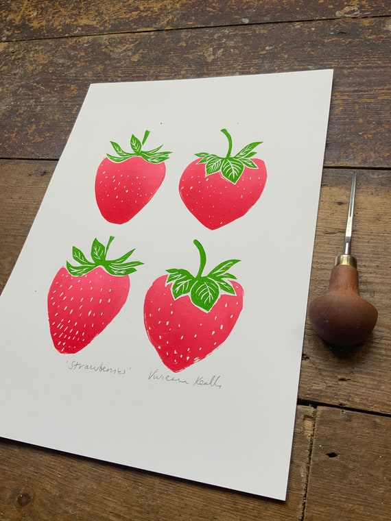 Linocut print strawberry - Woodblock - A4 - Fruit - Wall Art ...