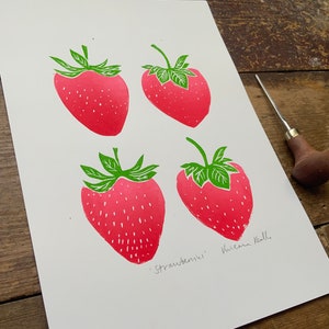 Linocut Print Strawberry - Woodblock - A4 - Fruit - Wall Art ...