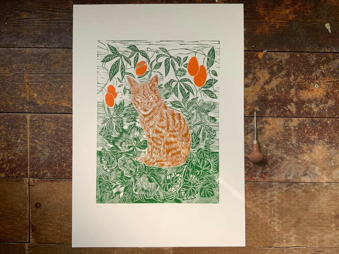 Linoldruck | Katze | Handarbeit | Original | Handbedruckt | Wandkunst ...