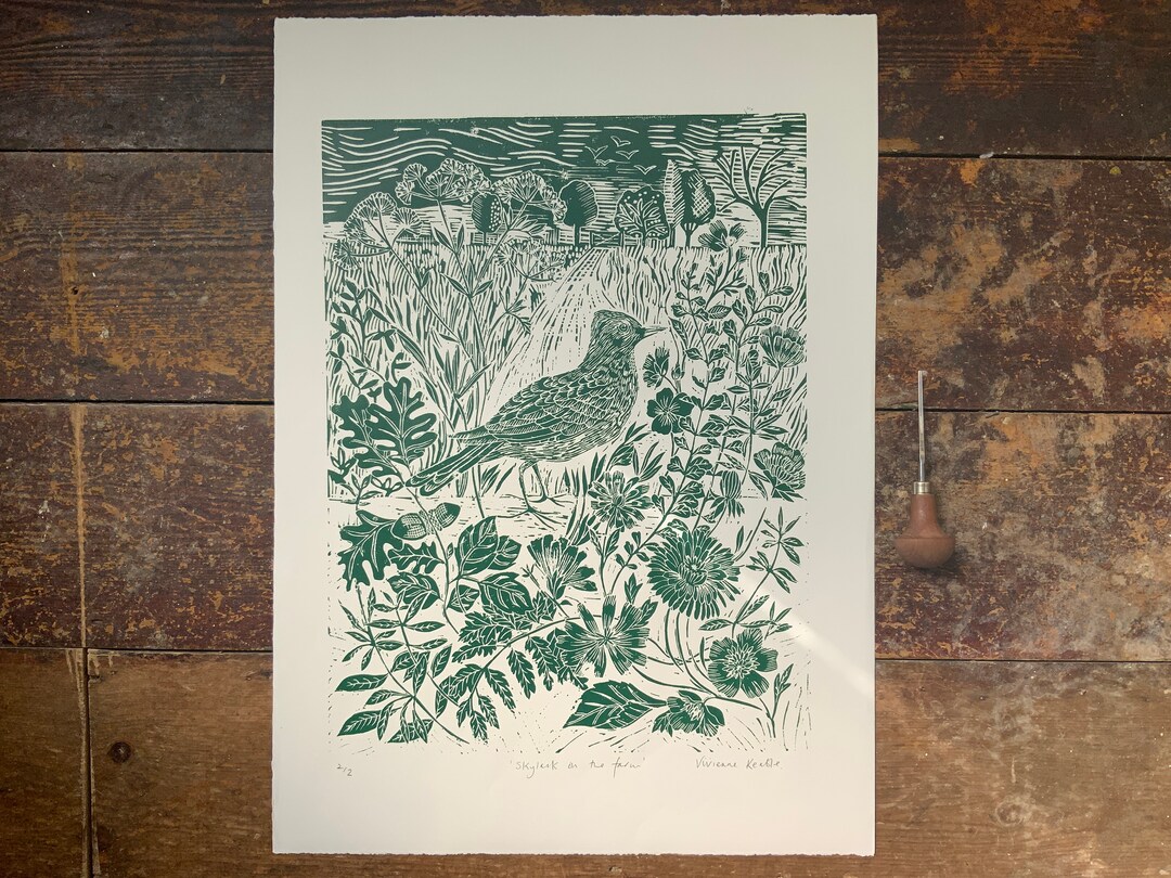 Linocut Print | Skylark | Handmade | Original | Hand Printed | Wall Art ...