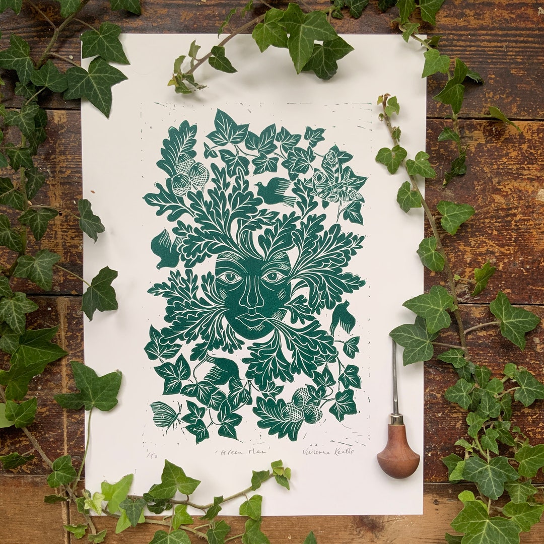 Green Man Original Linocut Print - Etsy