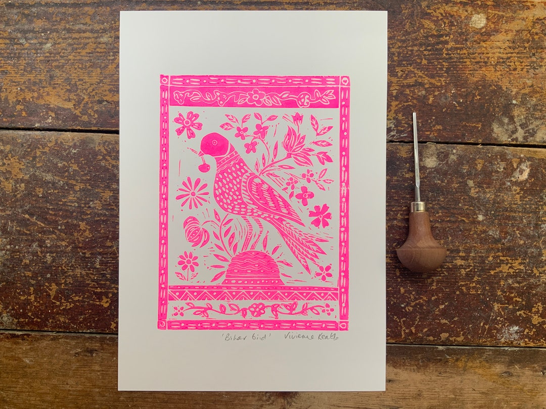 Linocut Print Indian Folk Bird - Handprinted - A4 - Art Print - Wall ...