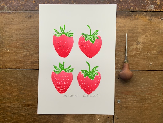 Linocut print strawberry - Woodblock - A4 - Fruit - Wall Art ...