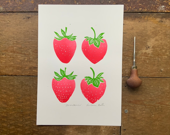 Linocut Print Strawberry - Woodblock - A4 - Fruit - Wall Art ...