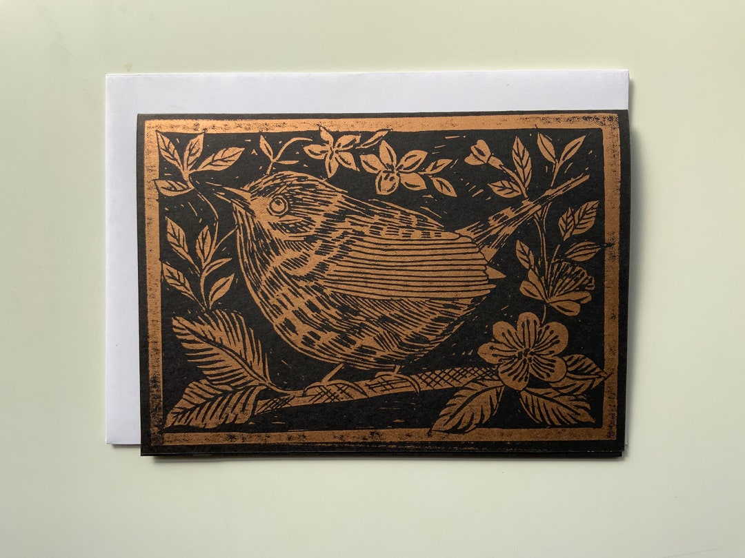 Linocut Print - Wren - Hand Printed - Greeting Card - Block Print - Art ...