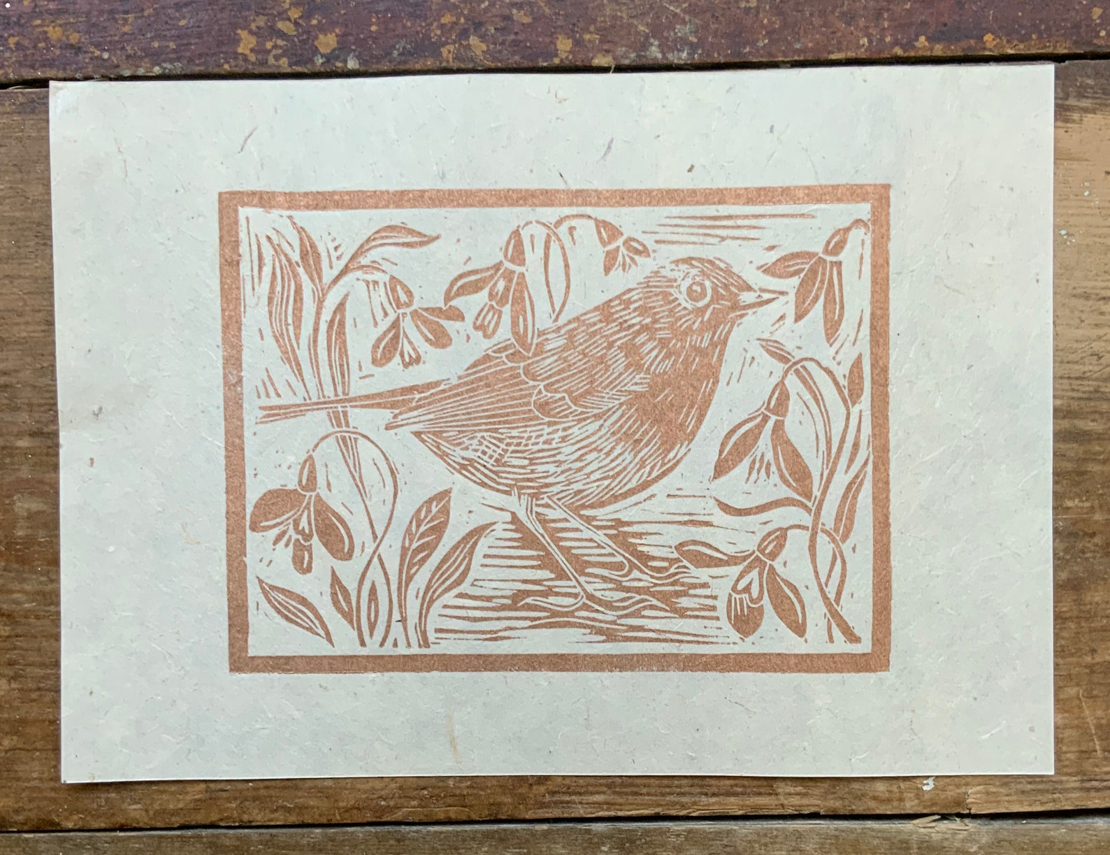 Linocut Print Little Robin and Snowdrops Gorgeous Copper - Etsy