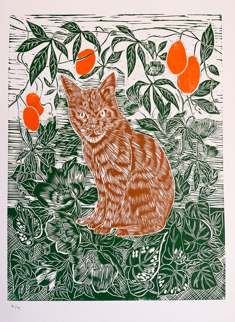 Linocut print Cat Handmade Original Hand Printed | Etsy