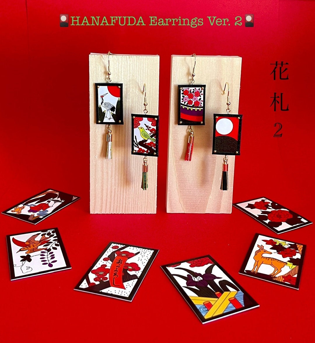HANAFUDA Earrings Ver.2, Mini Hanafuda 3x2 Cm With Mizuhiki Tassel, 花札 ...