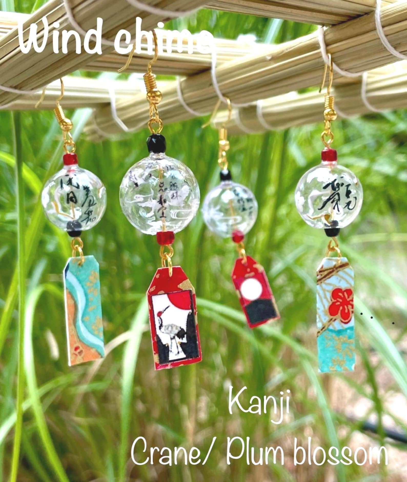 Wind chime earrings, Kanji & Crane/Plum blossom, hanafuda, 花札,鶴,白梅 ...