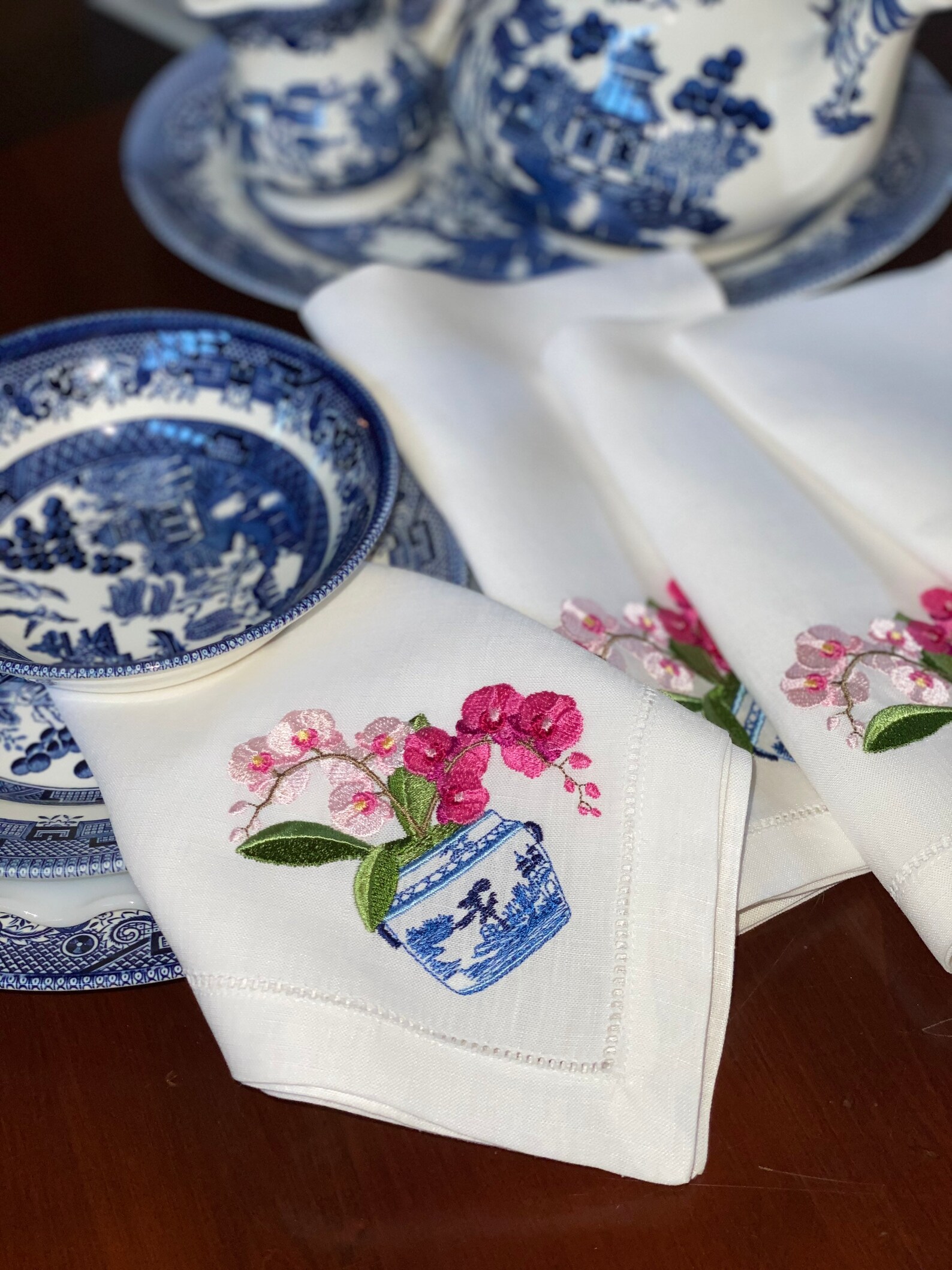 Embroidered Linen Hemstiched Napkins | Etsy