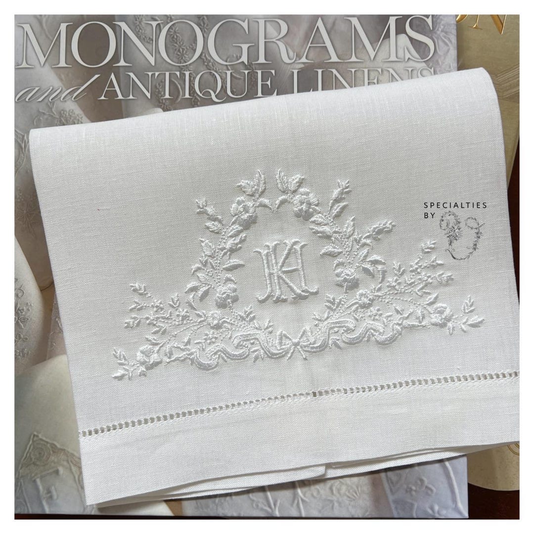 Monogrammed Tea Towel, Vintage Look White on White Tea Towel ...