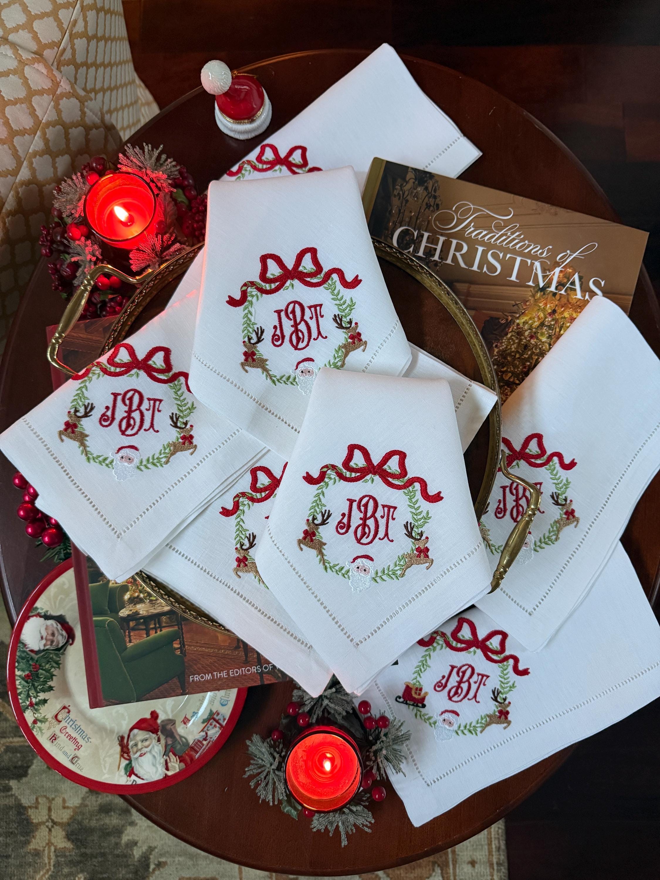 Monogrammed Linen Hemstitched Napkins, Christmas Wreath Napkins ...