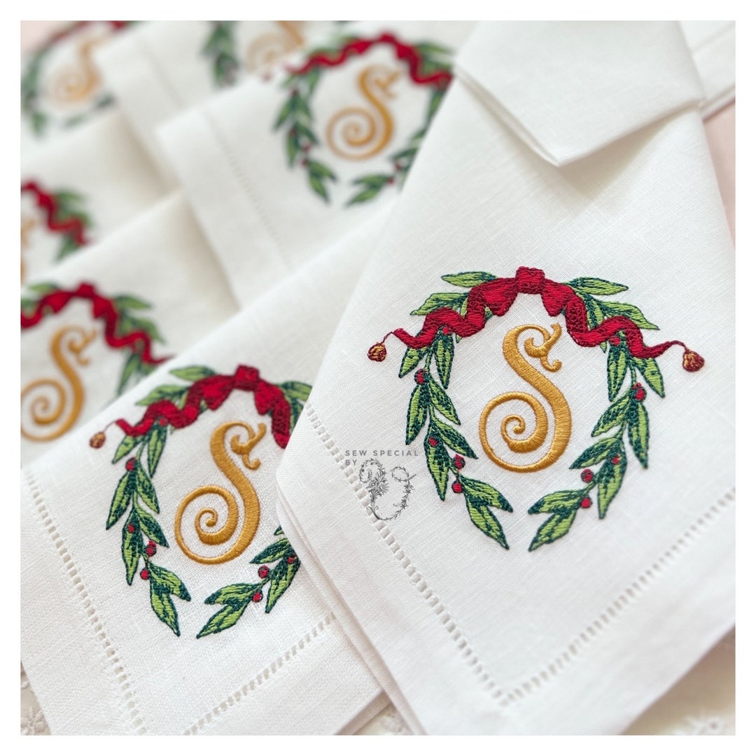 Embroidered Linen Hemstiched Napkins, Christmas Wreath Napkins, Bow ...