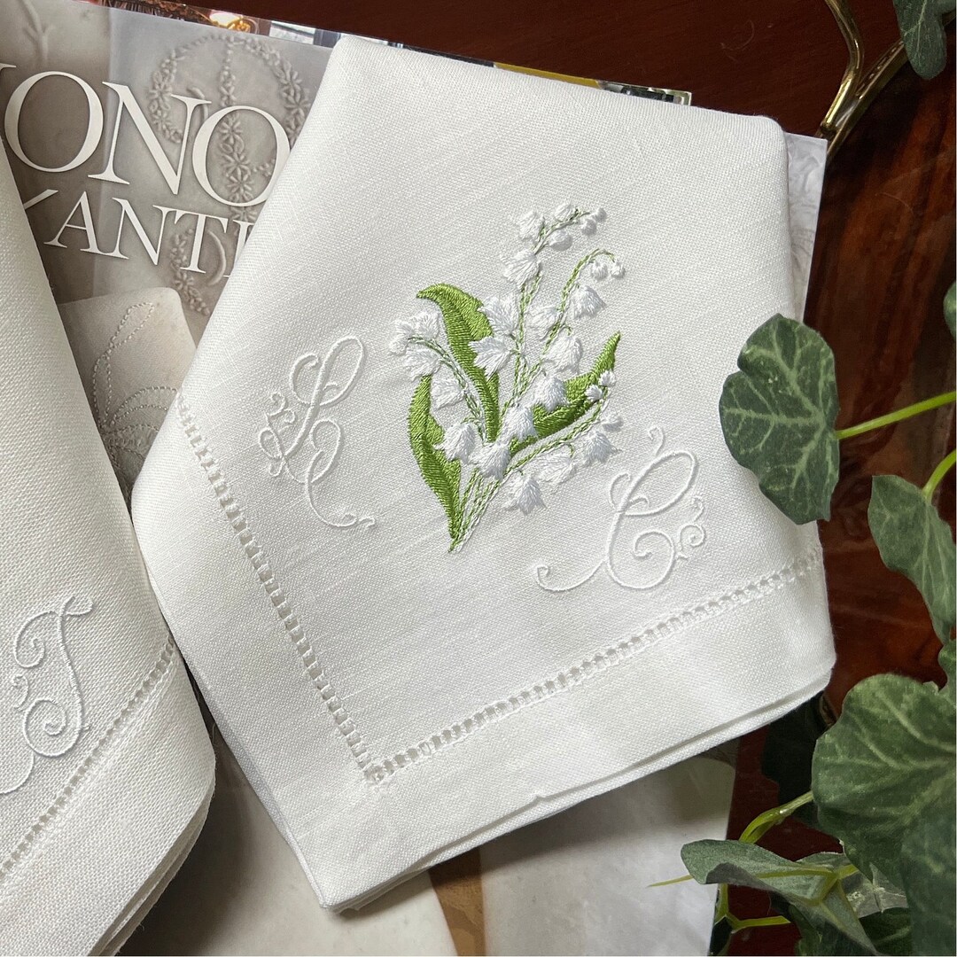 Embroidered Linen Hemstiched Napkins, Lily of the Valley Monogrammed ...